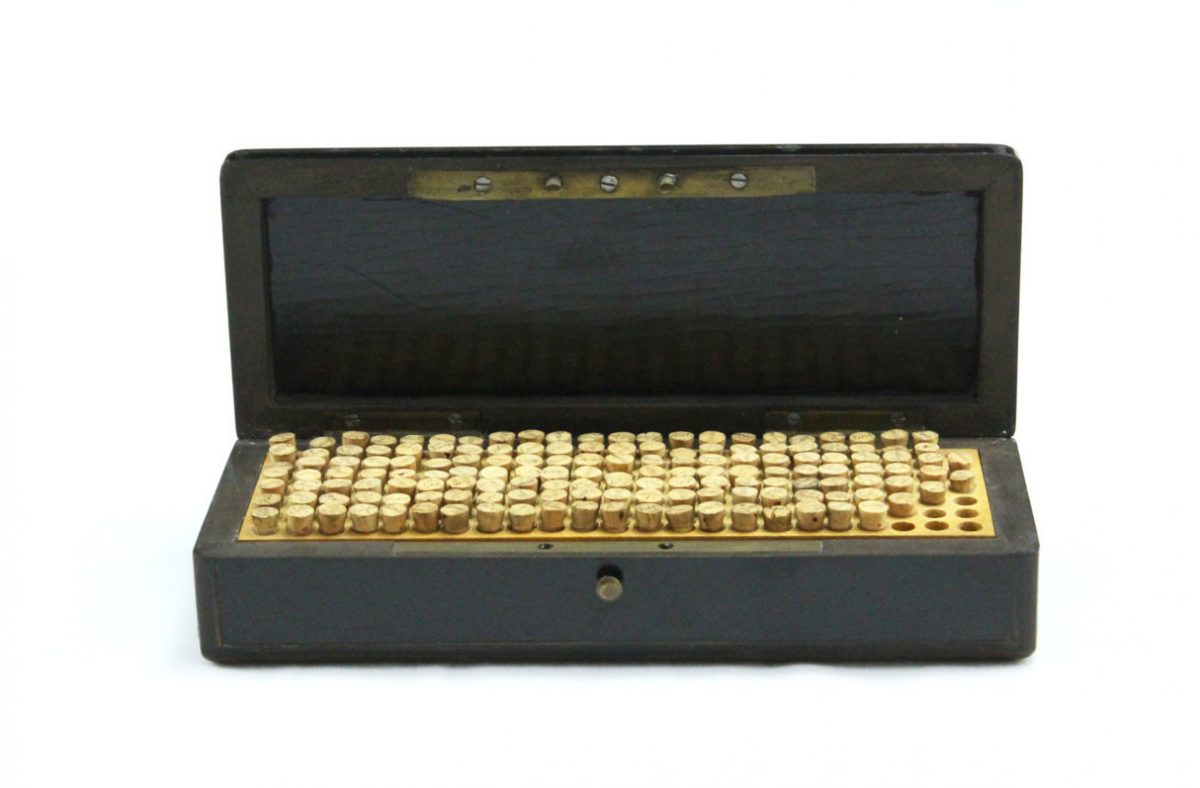 Black polished wooden box, containing glass vials – Hahnemann House Trust