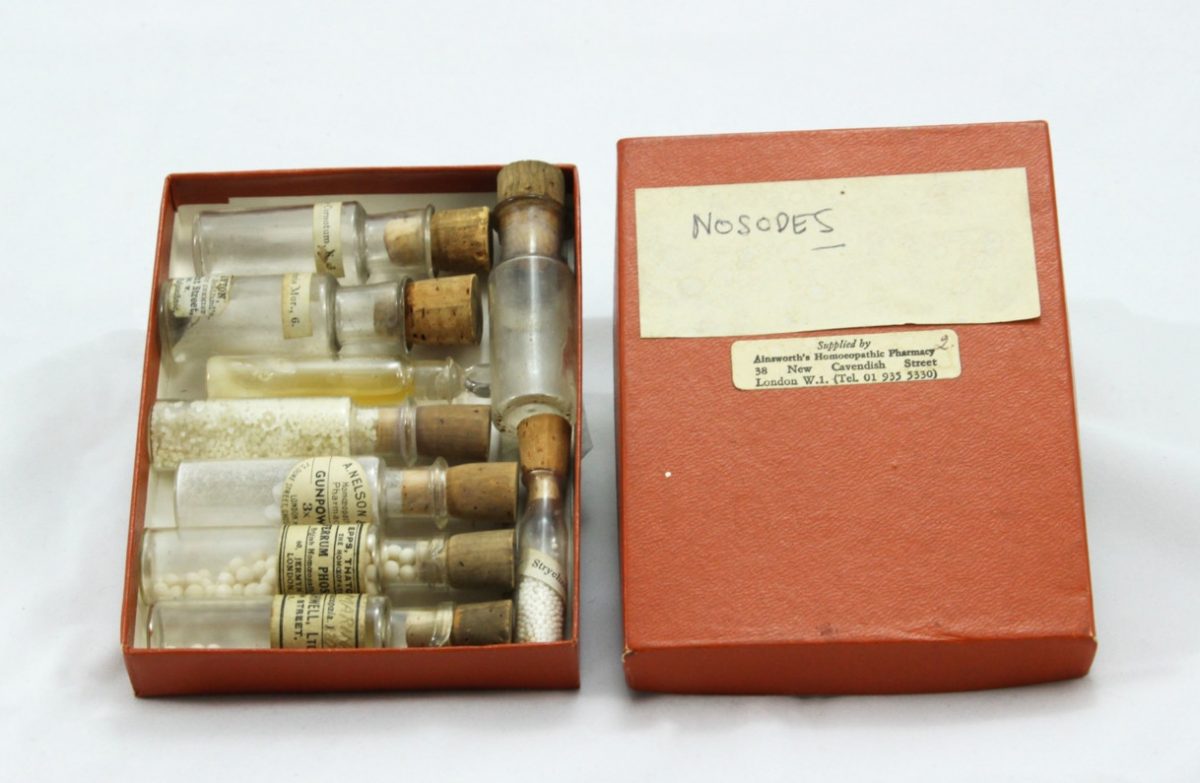Cardboard box containing assorted glass vials and bottles – Hahnemann ...